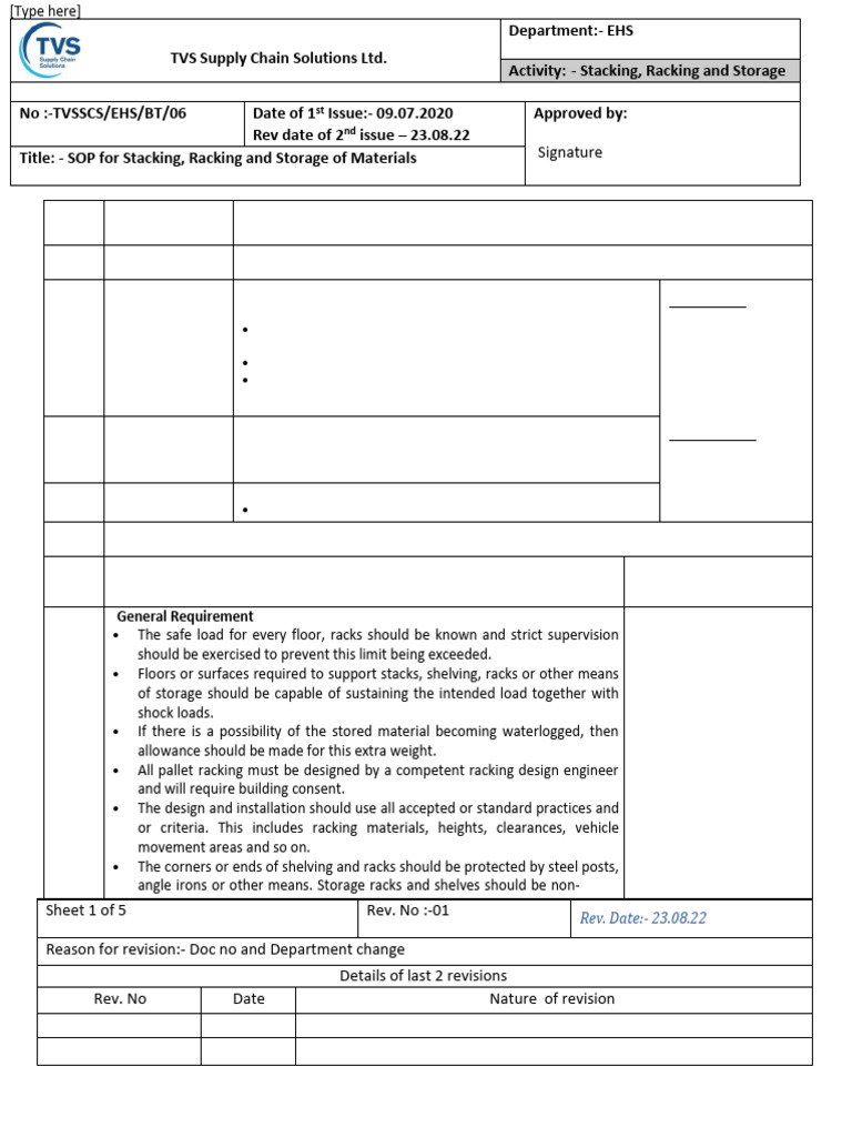 SOP-06 Stacking, Racking and Storage of Materials Latest | PDF | Pallet