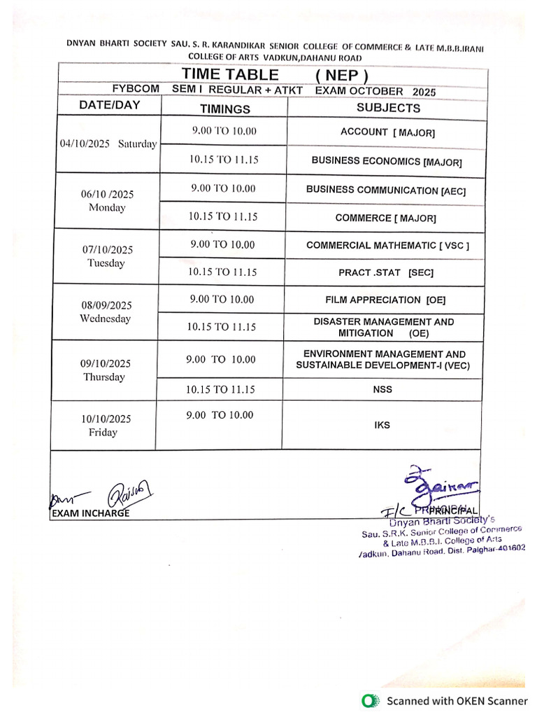 Revise Time Table Fybcom Sem 1 Regular+ Atkt | PDF