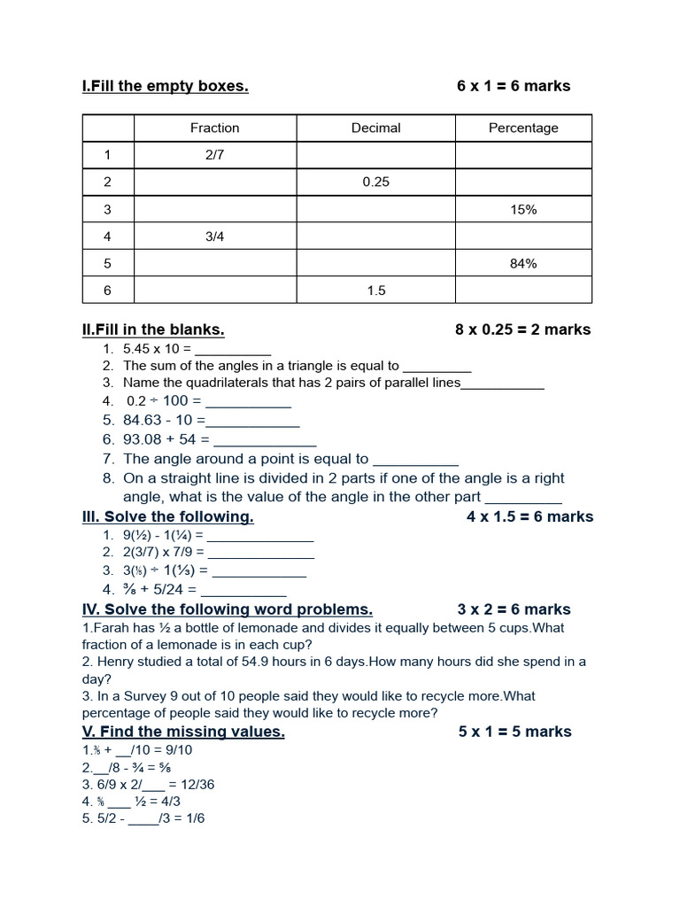 Math Practice Worksheet: Fractions & Percentages | PDF