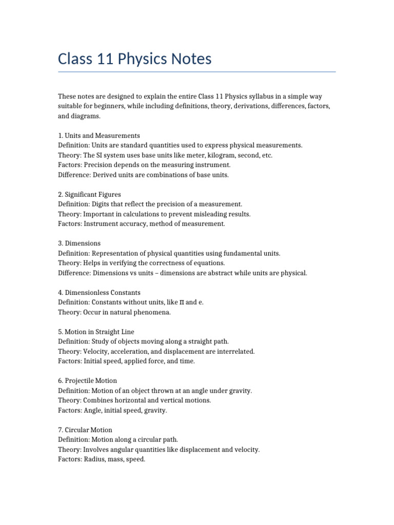 Class 11 Physics Comprehensive Notes | PDF | Force | Momentum