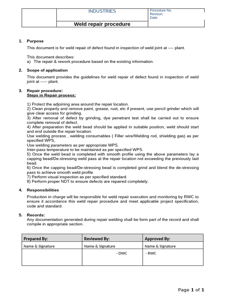 Weld Repair Procedure Guidelines | PDF | Welding | Construction