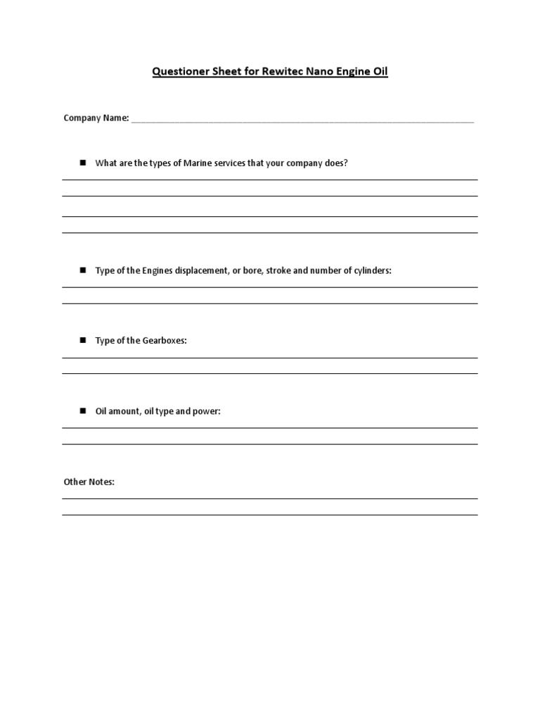 Questioner Sheet For Rewitec Nano Engine Oil | PDF