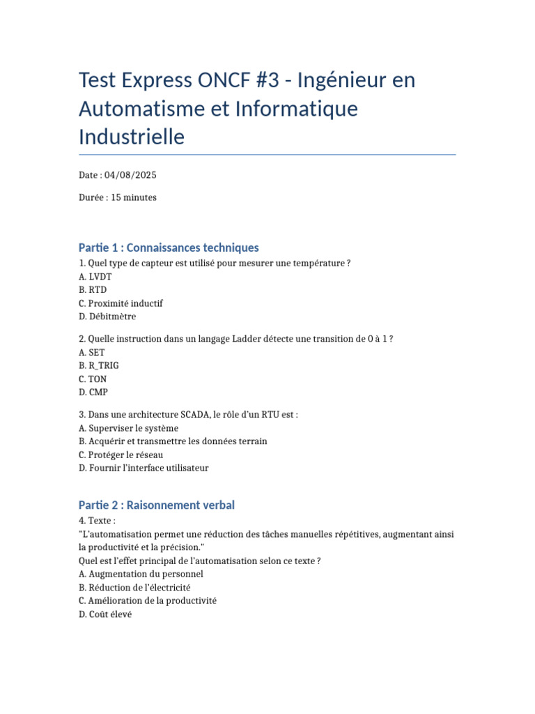 Test ONCF : Ingénieur Automatisme | PDF