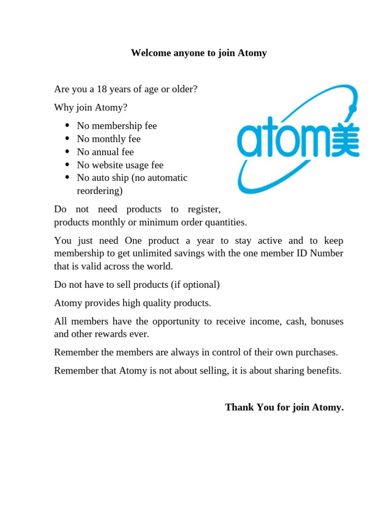 Welcome Anyone To Join Atomy | PDF