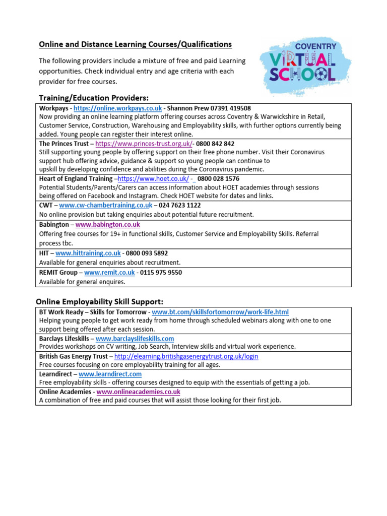 Post 16 Online Distance Learning and Providers | PDF | Vocational ...