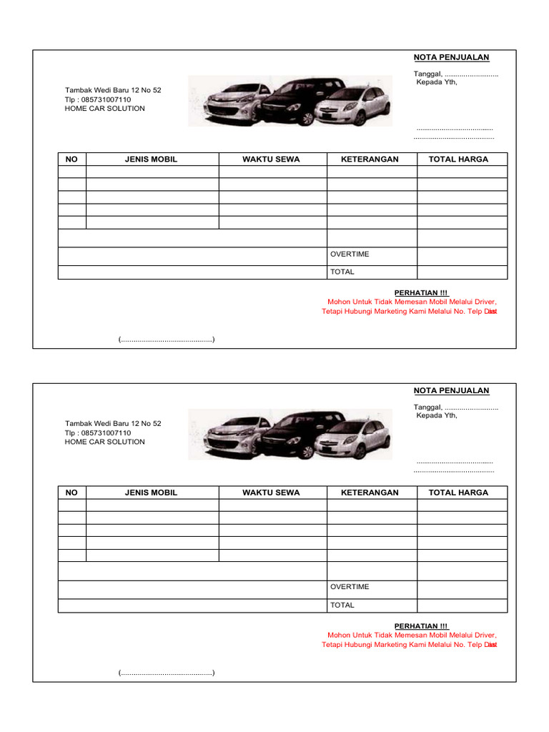 Nota Penjualan Sewa Mobil Home Car | PDF