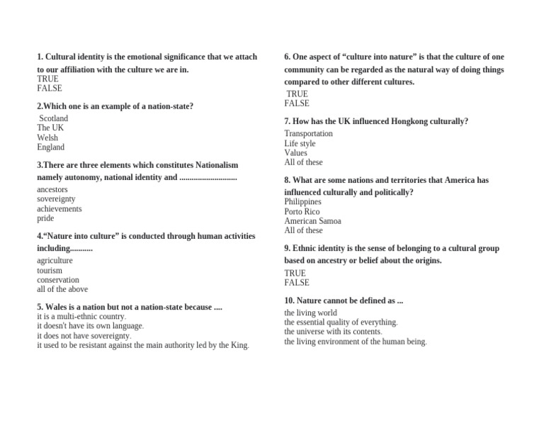 Unit 2-Quiz 2-Cultural Concepts | PDF | Nation