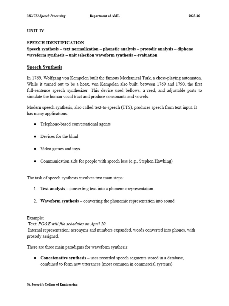 Unit 4 - ML1722 Speech Processing | PDF | Speech Synthesis | Stress (Linguistics)