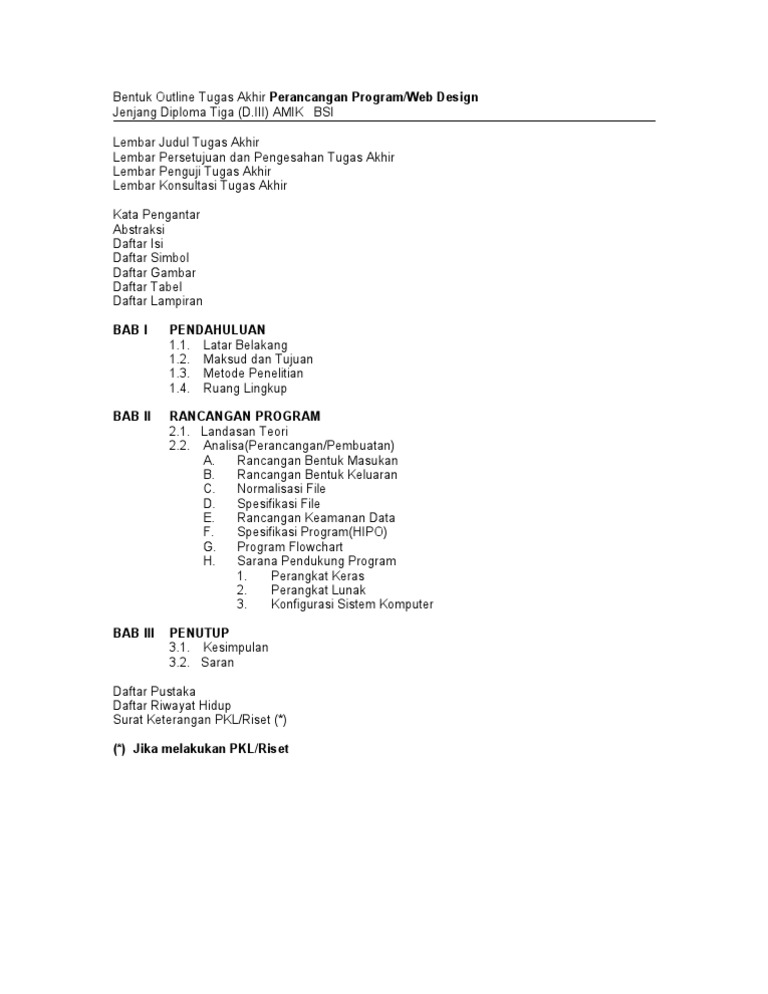 Bentuk Outline Tugas Akhir Perancangan Program Atau Web | PDF