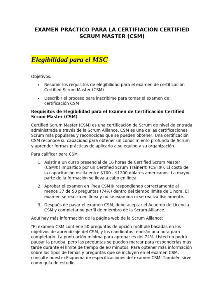 Examen Práctico para La Certifiación Certified Scrum Master | PDF | Scrum (desarrollo de software)
