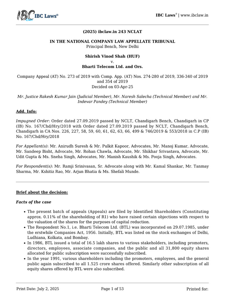 Shirish Vinod Shah Huf Vs Bharti Telecom LTD and Ors Nclat New Delhi ...