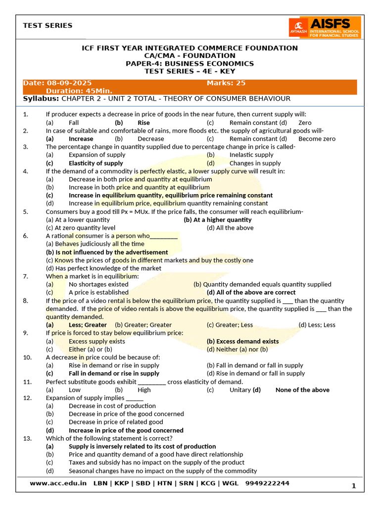 Business Economics Test Series 4E Key | PDF | Demand | Supply (Economics)