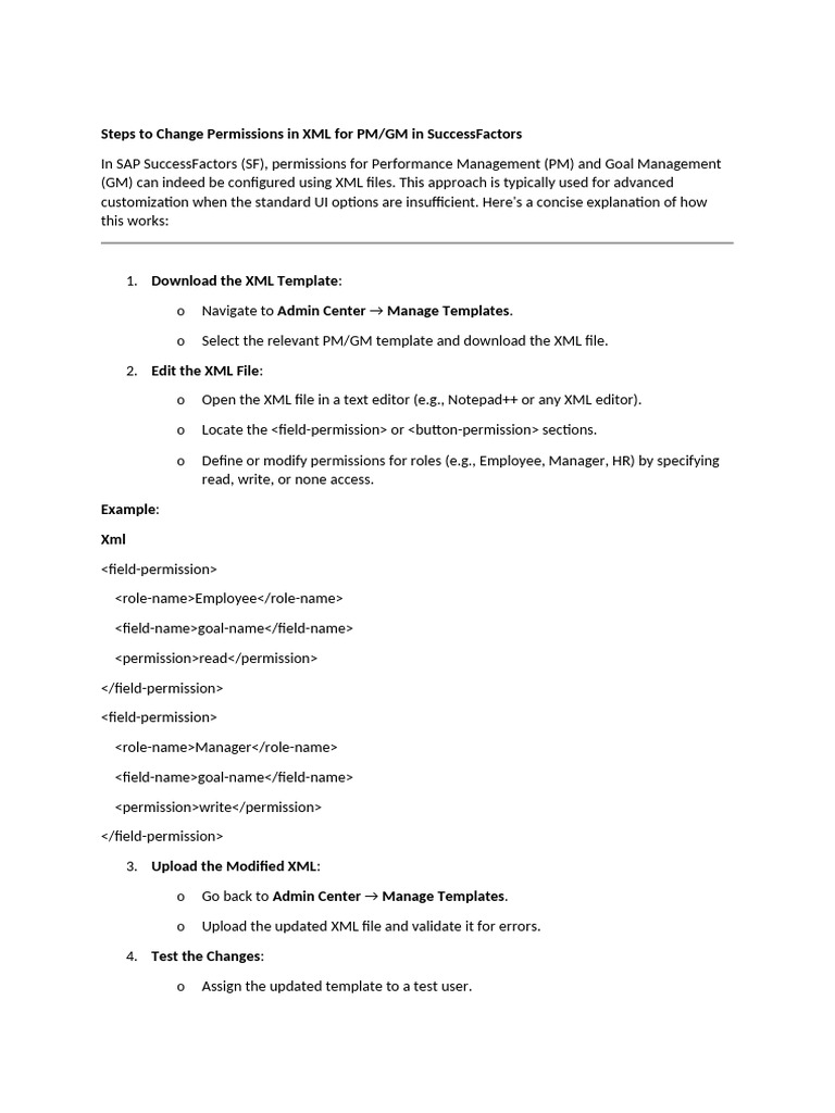 Editing XML Permissions in SuccessFactors | PDF