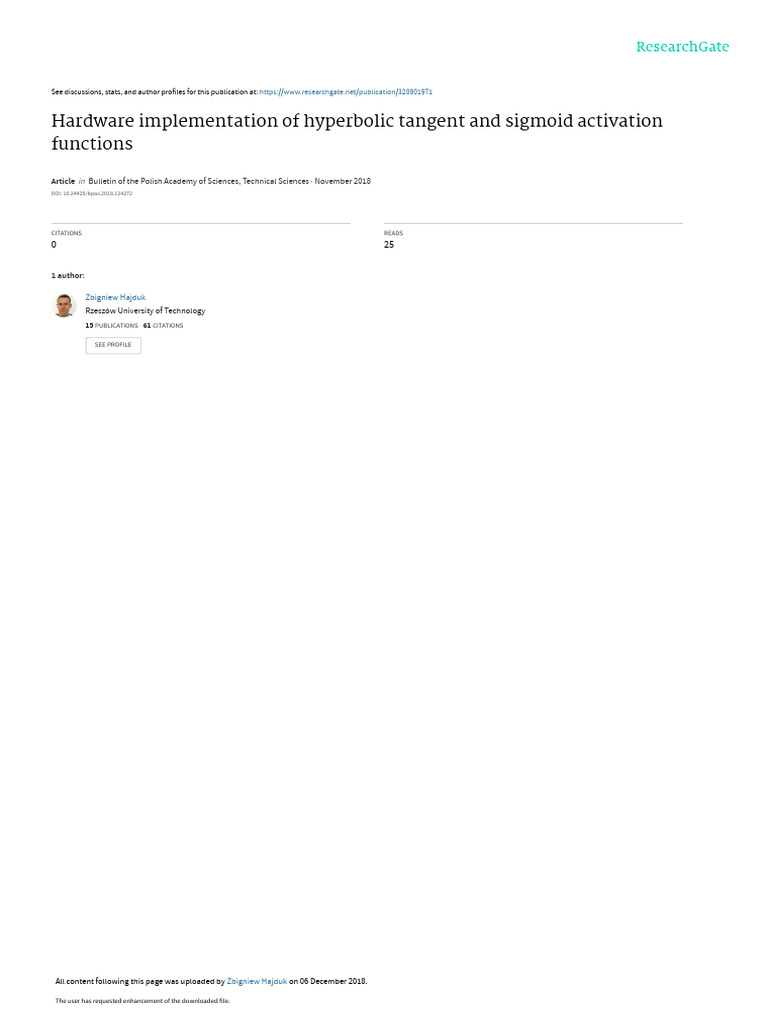 Hardware Implementation of Hyperbolic Tangent and Sigmoid Activation Functions | PDF | Function ...