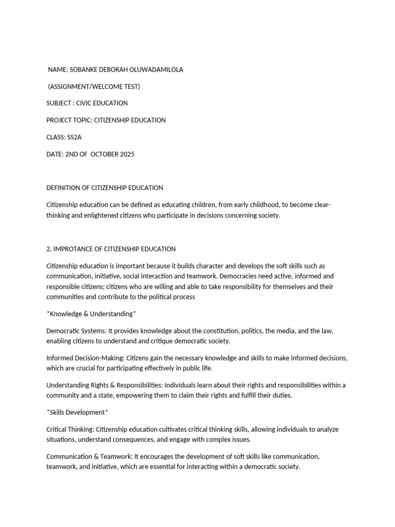 Citizenship (Debbie's Assignment) | PDF | Citizenship | Community
