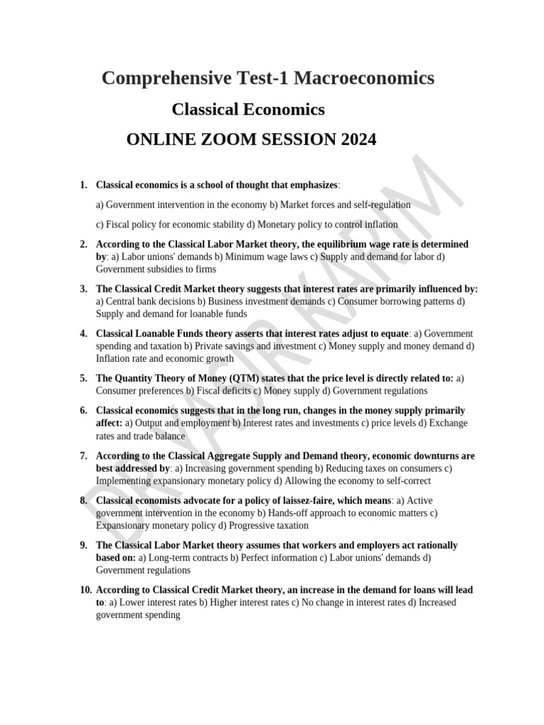 Comprehensive Test-1 CLASSICAL ECO | PDF | Interest | Quantity Theory ...