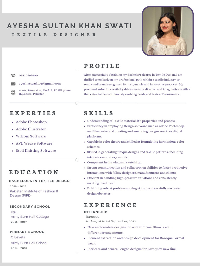 Ayesha Sultan Khan Swati CV Resume | PDF | Textiles