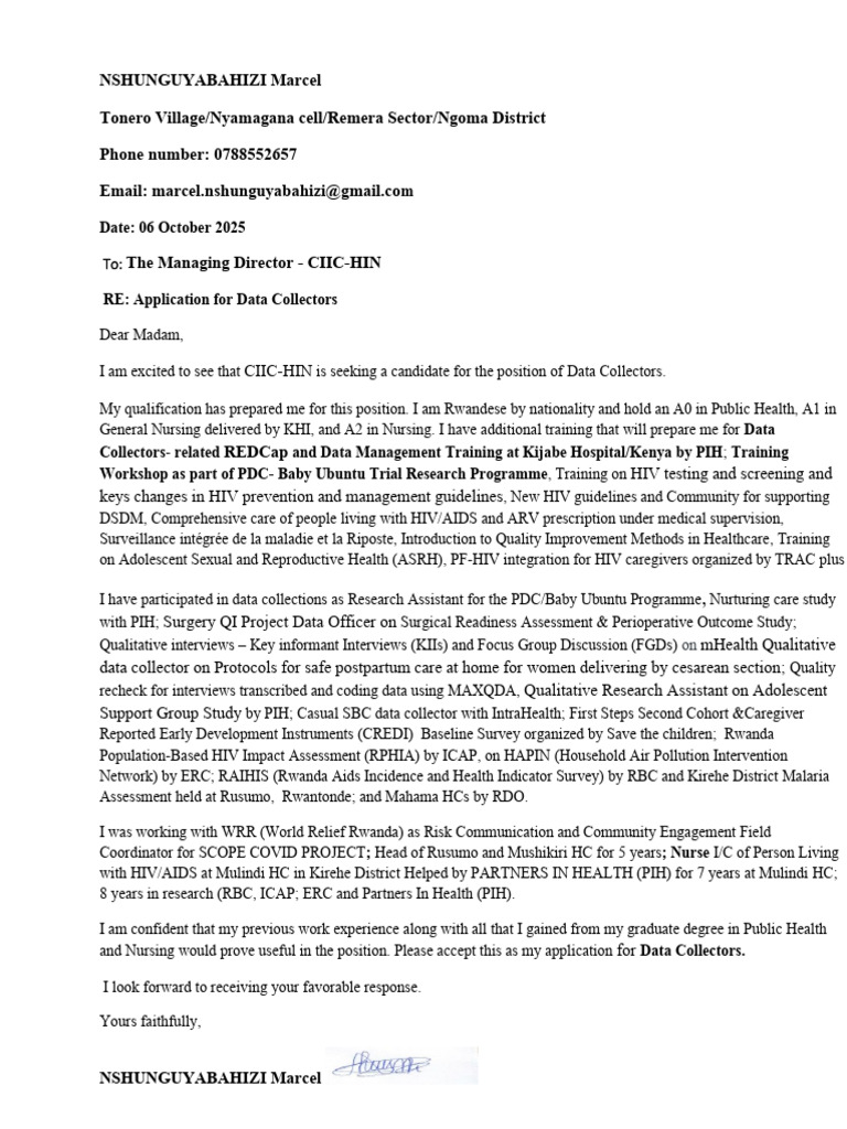 Marcel Motivation Letter and CV On The Post of Data Collectors at CIIC ...