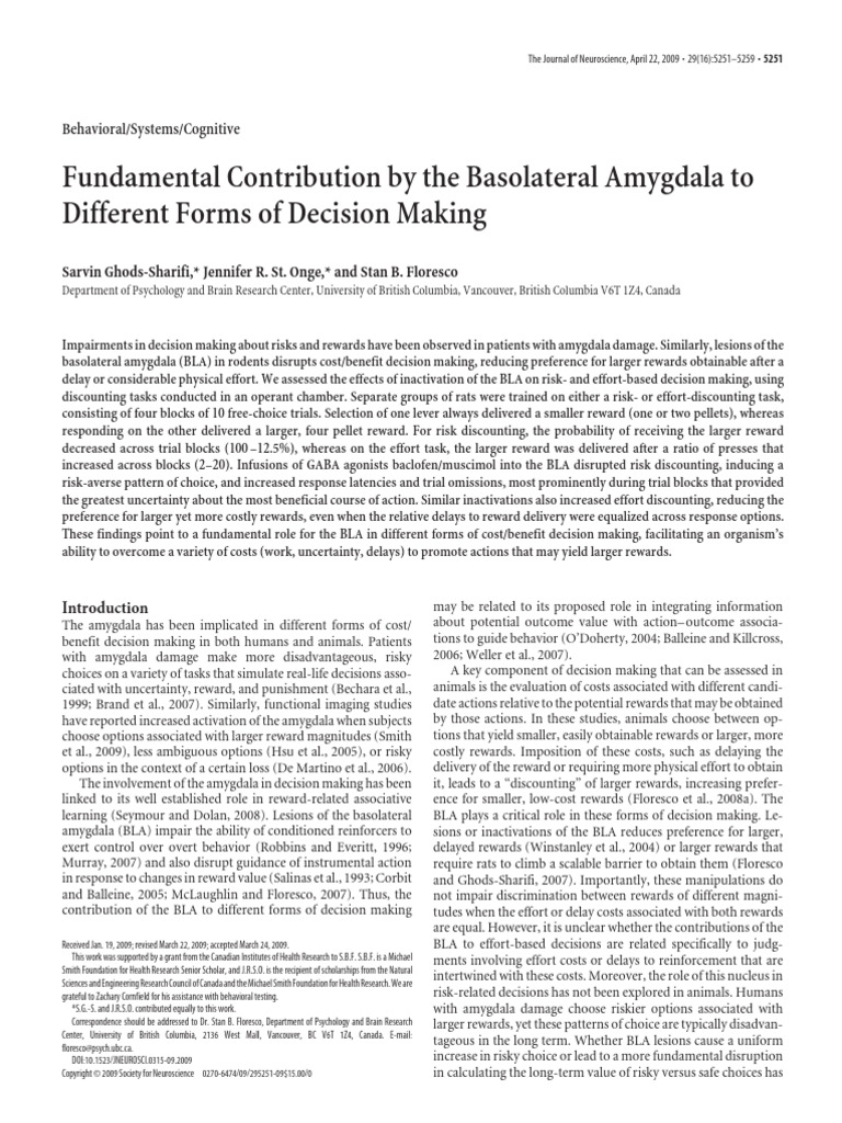 2009 Floresco - Fundamental Contribution by The Basolateral Amygdala To ...