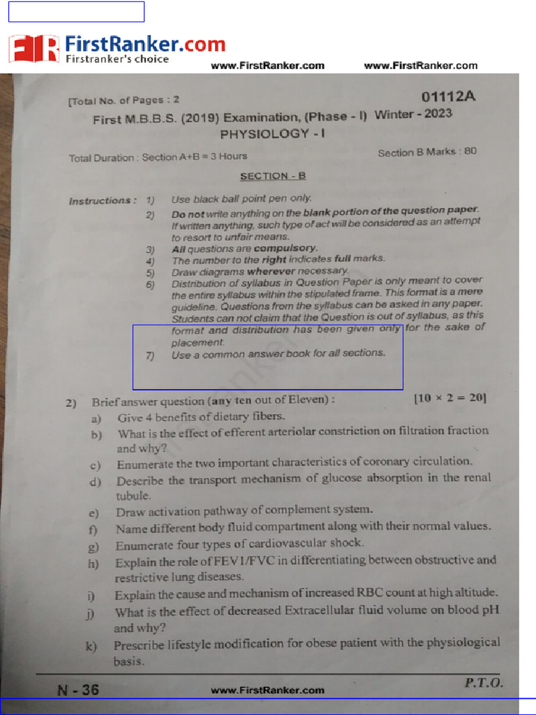 FR Muhs Mbbs Physiology Paper I 2023 Winter Question Paper | PDF