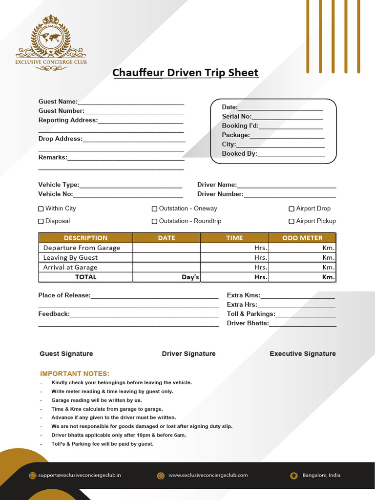 Chauffeur Driven Trip Sheet Template | PDF | Transport | Vehicles