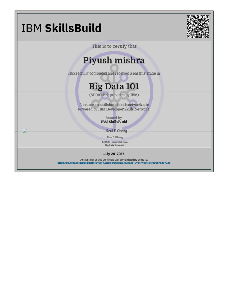 IBM BD0101EN Certificate - IBM SkillsBuild | PDF
