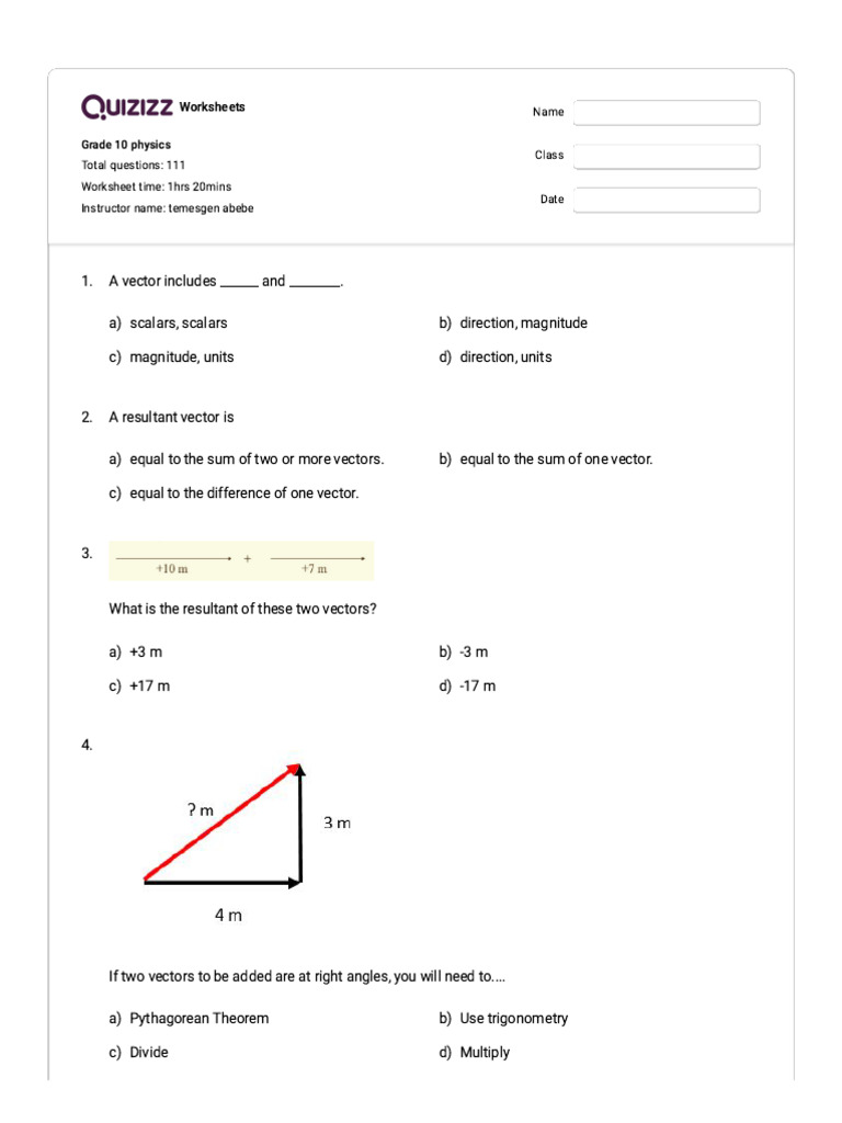 Grade 10 Physics Vector Worksheets | PDF | Gases | Temperature