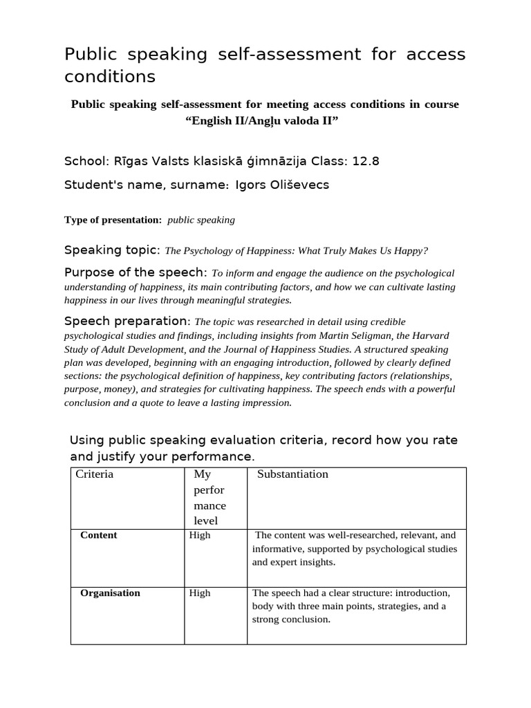 Speech Self-Assessment Olisevecs | PDF | Public Speaking | Happiness