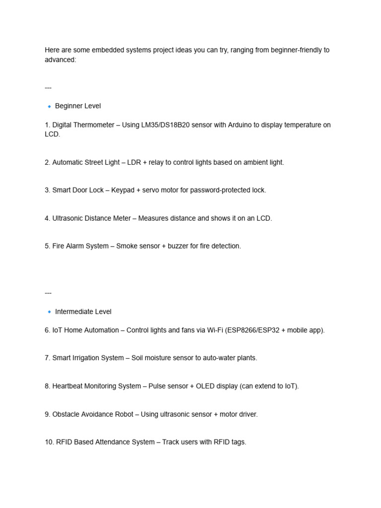 Embedded Systems Project Ideas List | PDF