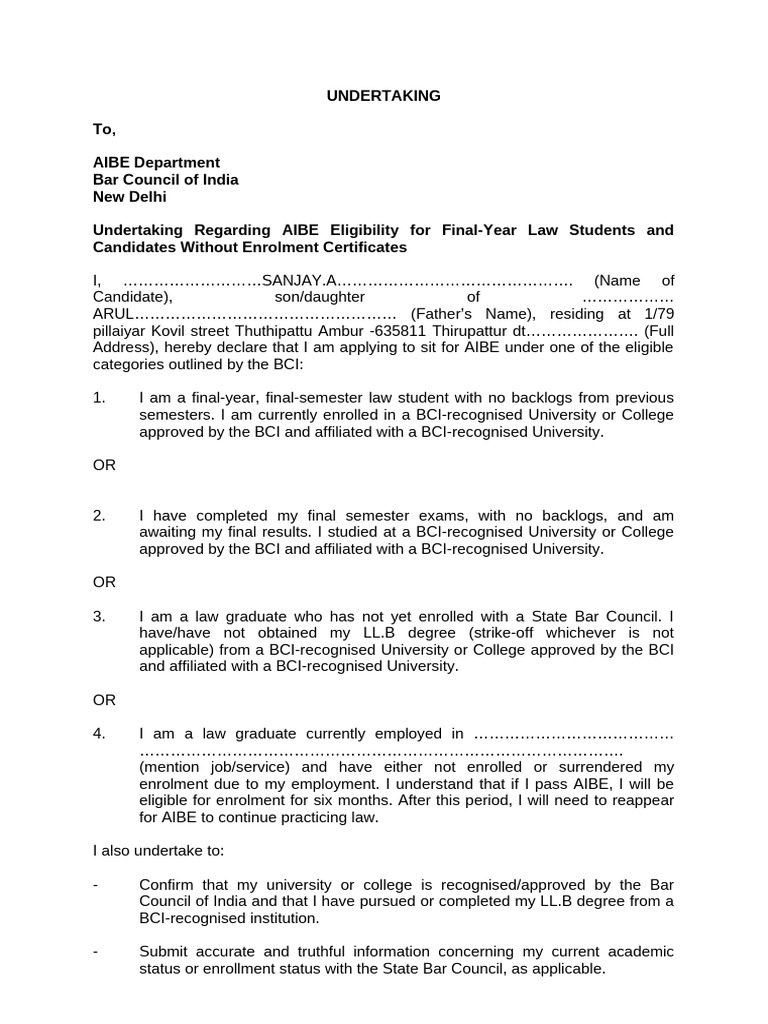 AIBE 20 Undertaking Form for Students | PDF