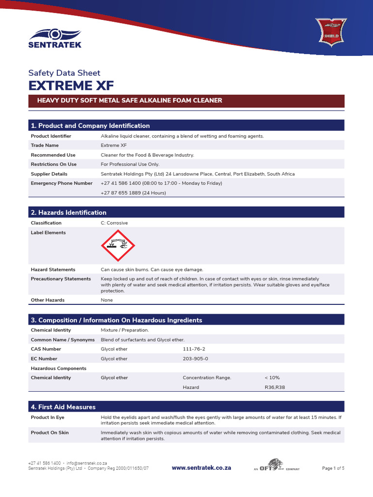 Extreme XF Alkaline Foam Cleaner SDS | PDF | Materials | Occupational ...
