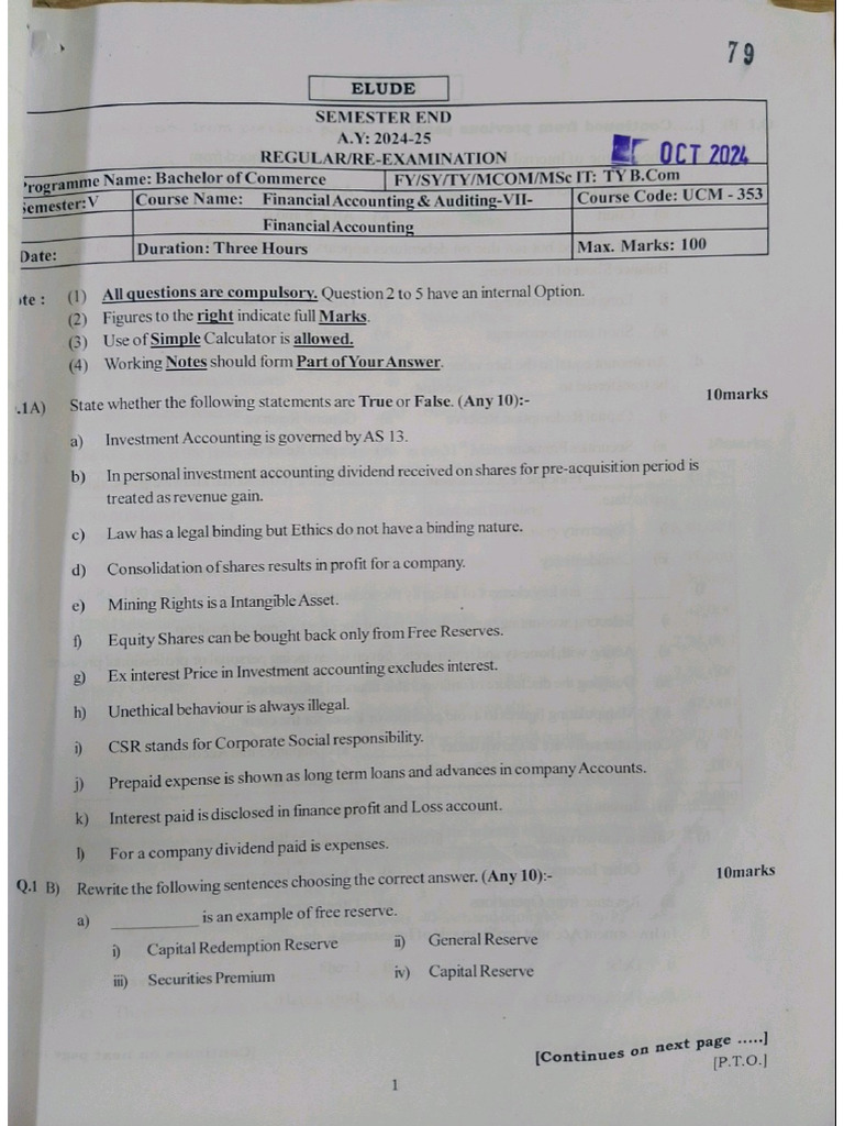 Financial Accounting (FA) Past Question Paper's | PDF