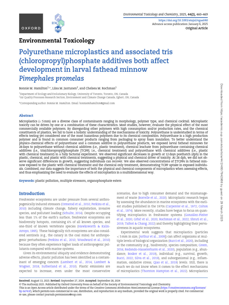Polyurethane Microplastics and Associated Tris (Chloropropyl)Phosphate ...