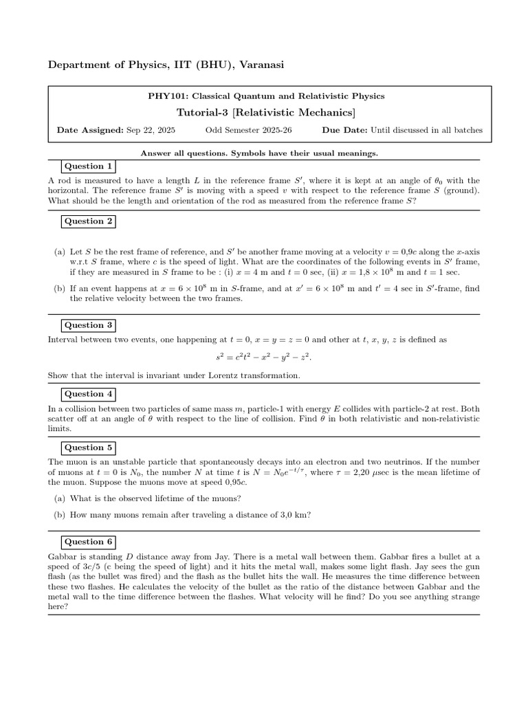 Tutorial3 PHY101 2025-26 | PDF | Special Relativity | Physics