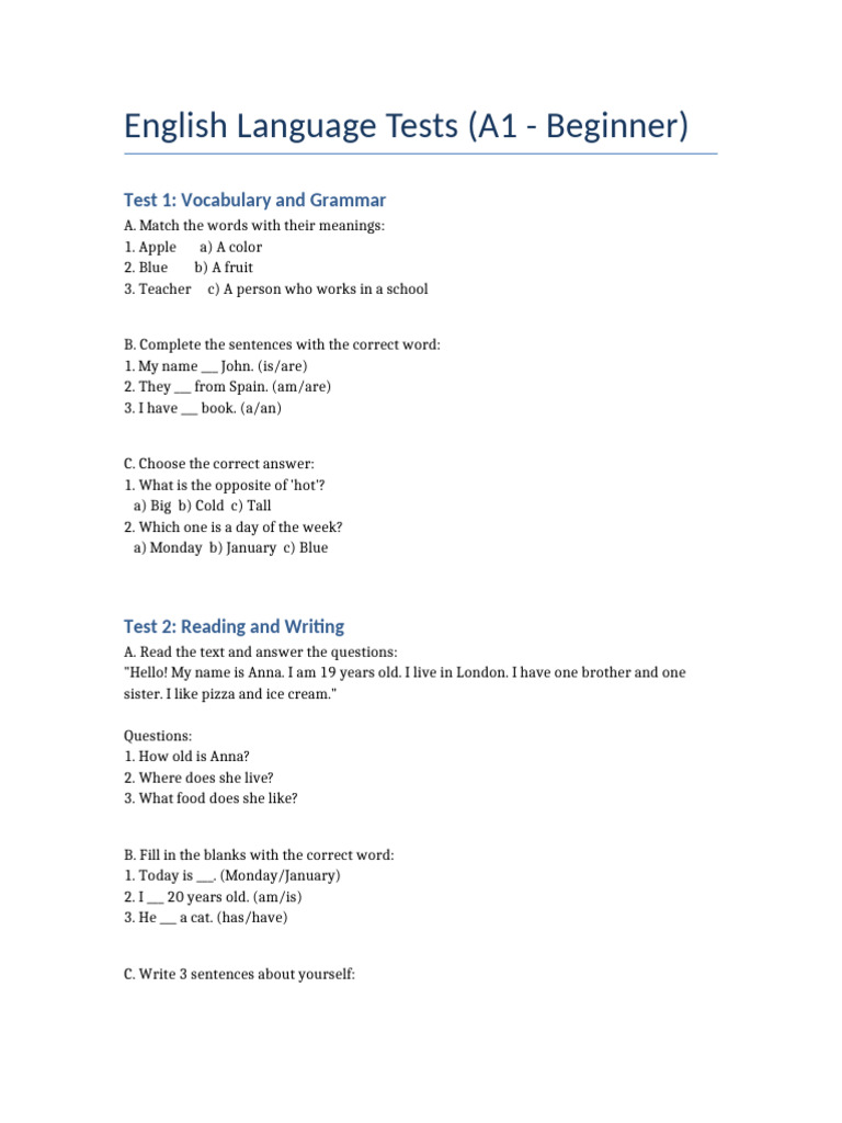A1 English Language Tests Guide | PDF