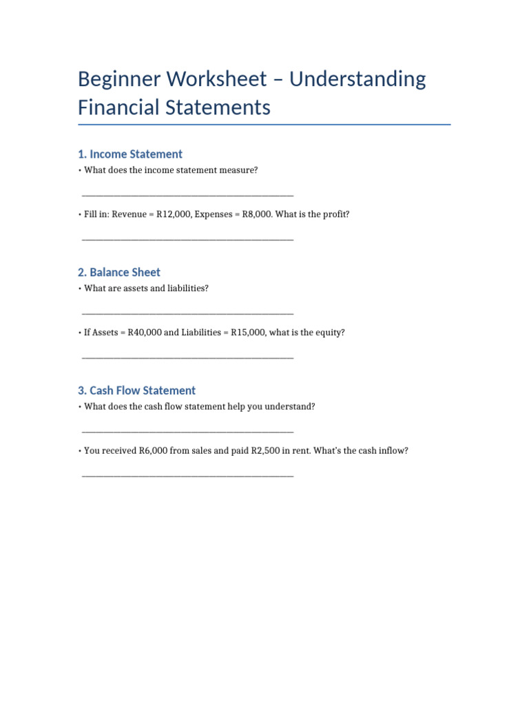 Financial Statements Worksheet | PDF