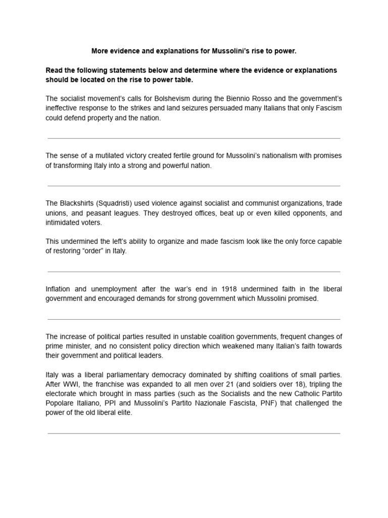 More Evidence and Explanations For Mussolini's Rise To Power | PDF ...