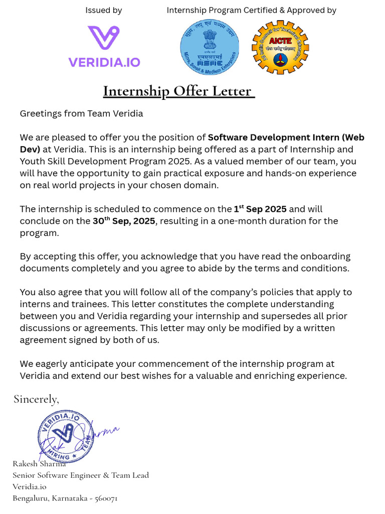 Internship Offer Letter - SDE (Web Dev) | PDF