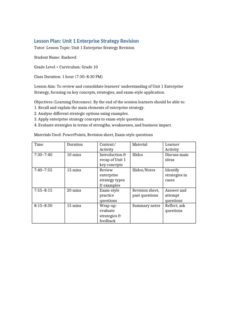 Enterprise Strategy Revision Lesson Plan | PDF