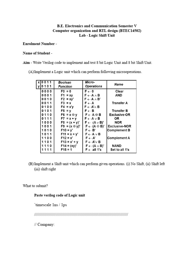 CO - RTL Lab - 5 - Logic Shift Unit | PDF | Logic Gate | Digital Electronics