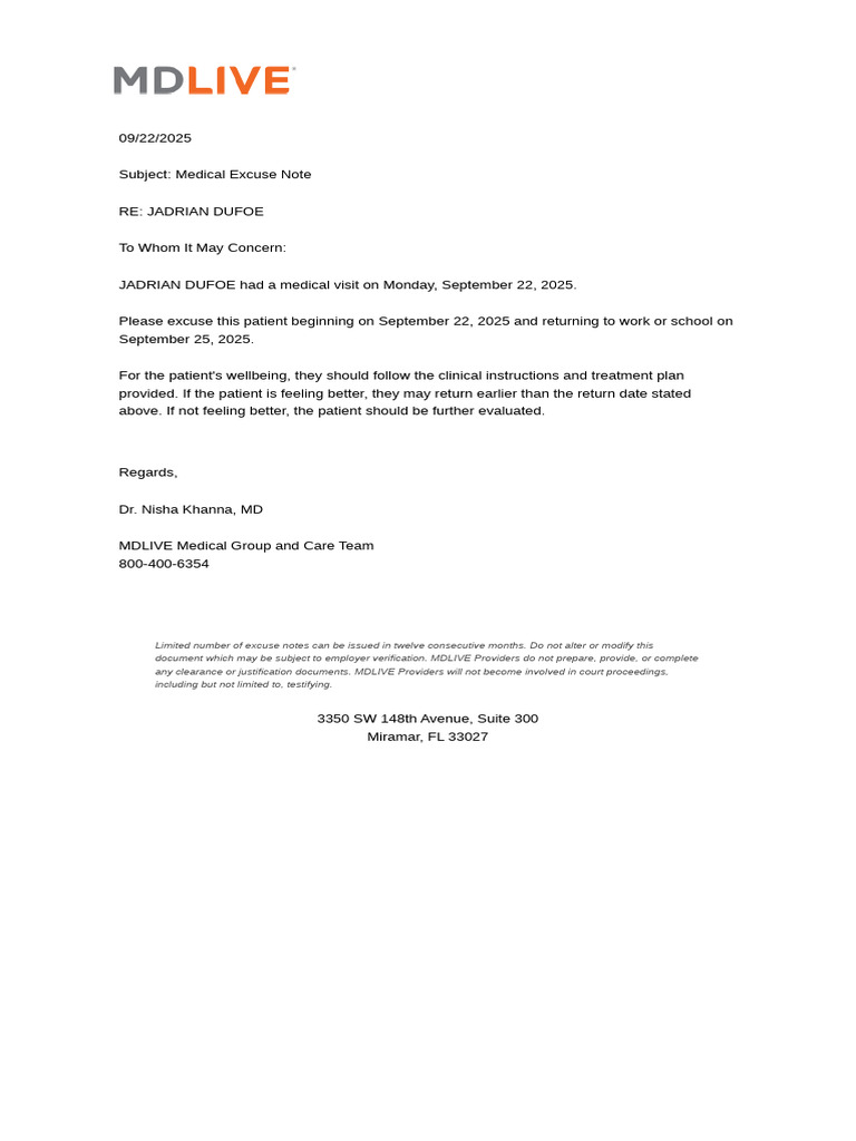 Medical Excuse | PDF