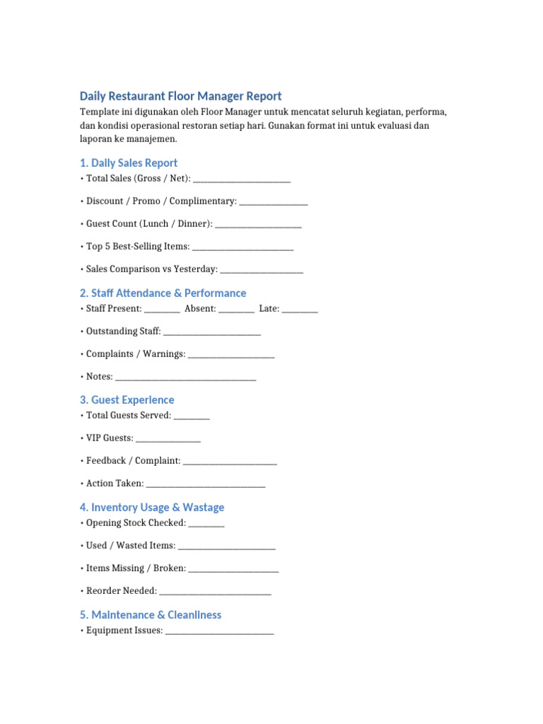 Daily Floor Manager Report | PDF