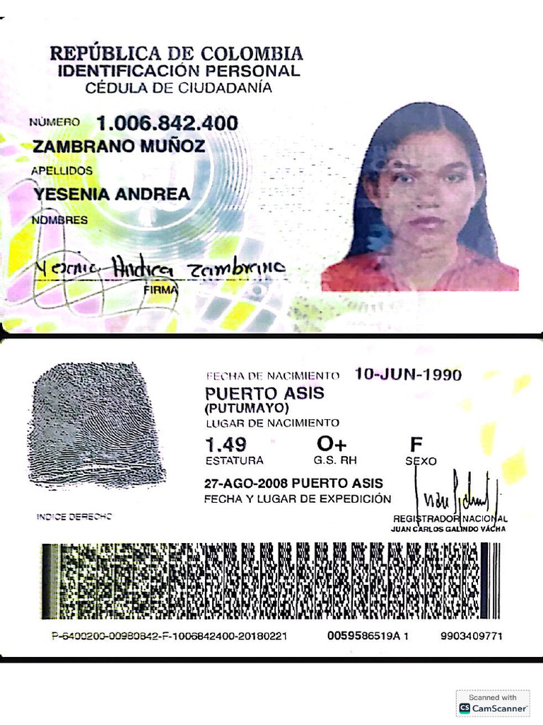 Cedula de Cuidadania Yesenia Andrea Zambrano Muñoz | PDF