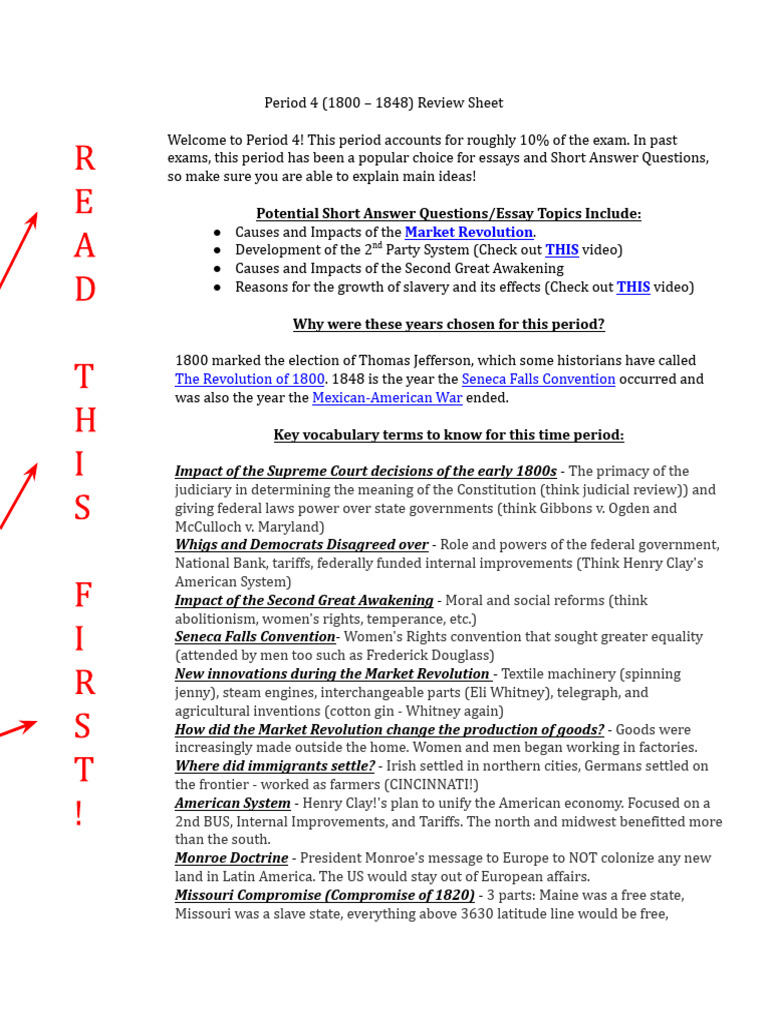 Period 4 (1800-1848) Review Sheet | PDF