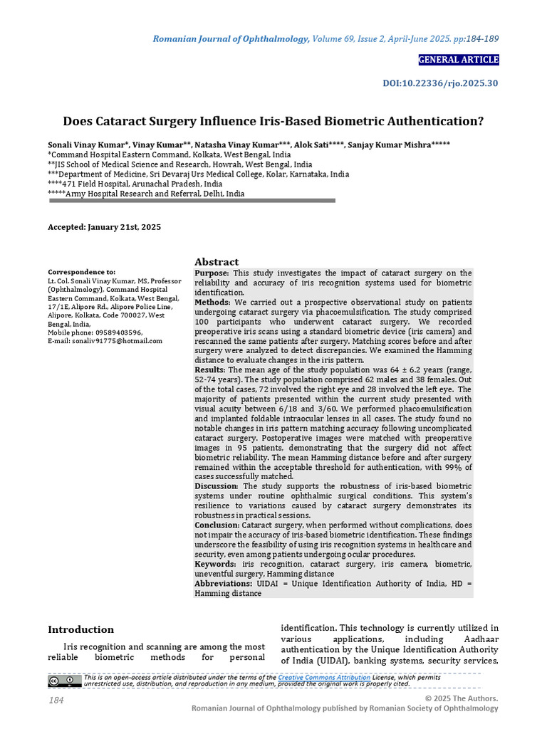 Cataract Surgery's Impact on Iris Biometrics | PDF | Biometrics | Human Eye