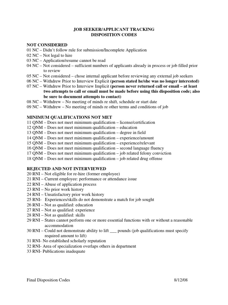 Job Seeker/Applicant Tracking Disposition Codes Not Considered | PDF ...