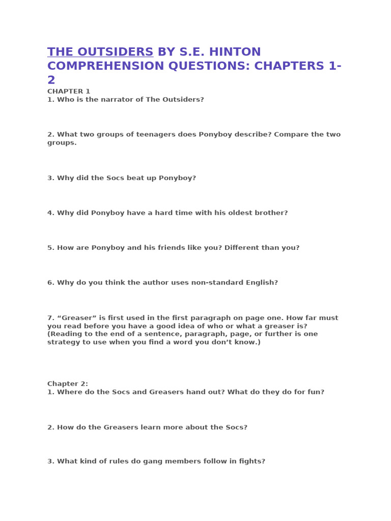 The Outsiders: Chapters 1-2 Questions | PDF