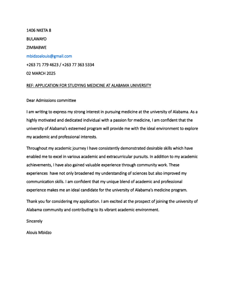 Application Letter For Studying at Alabama University - 032301 | PDF