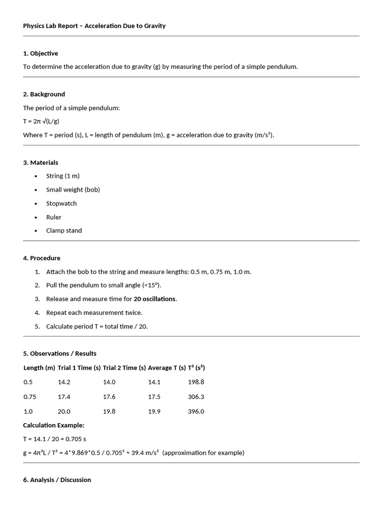 Physics Lab Report - Acceleration Due To Gravity | PDF