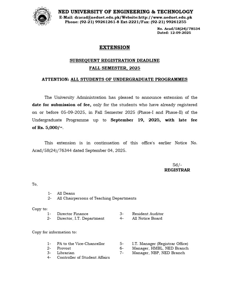 Notice of Extension Date For Fee Submission Fall-2025 Upto 19-09-2025 | PDF